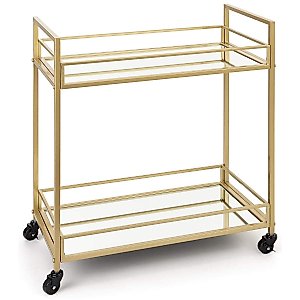 Displays2go Rolling Metal Bar Cart, Mirrored Glass Shelves, Four Swiveling Casters - Gold (FSBEVCART1)