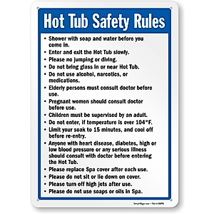 SmartSign 14 x 10 inch “Hot Tub Safety Rules” Metal Sign with Pre-Cleared Holes, 40 mil Laminated Rustproof Aluminum, Blue, Black and White, Made in USA