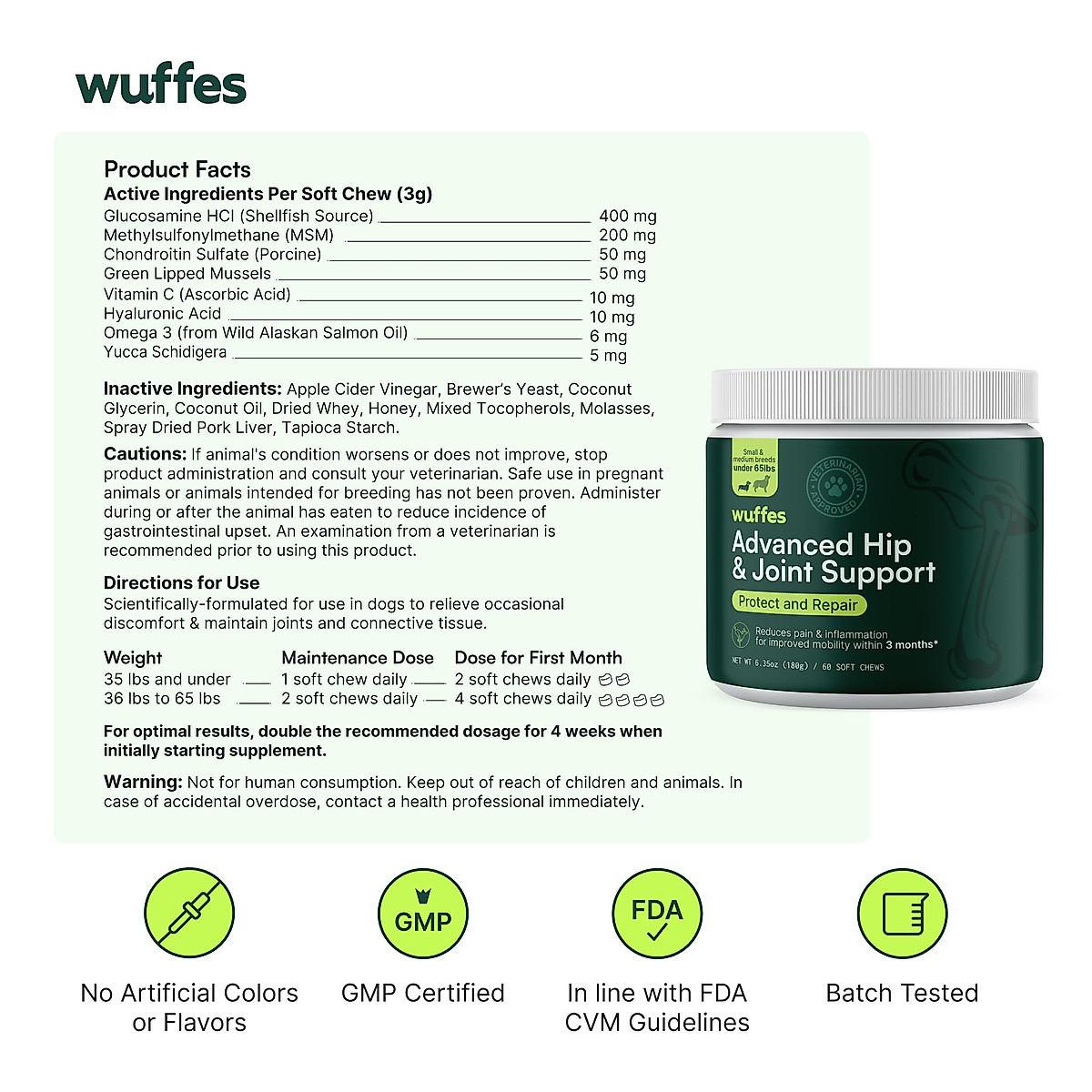 Wuffes Chewable Dog Hip & Joint Supplement - Glucosamine & Chondroitin Chews - Dog Joint Supplements & Vitamins - Extended Joint Care (Small&Medium Breeds (0-65 lbs), 120 Chews (Pack of 2))