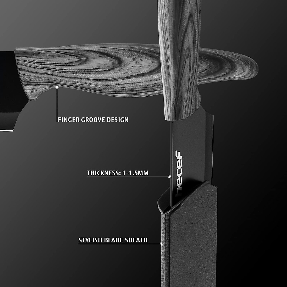 hecef 5 PCS Non-stick Coated Kitchen Knife Set with PP Handle and Protective Sheath, Exclusive Black Chef knife set, Scratch Resistance & Rust Proof (Wood Grain)