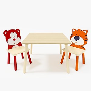 BAOMKONG Kids Table and Chairs, Childrens Table and Chair Set of 3 Piece, Wooden Cartoon Animals Design, Ideal for Arts & Crafts, Gift for Ages 2+, Bear & Tiger