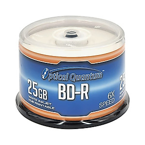 Optical Quantum OQBDR06WIP-H-50 6X 25 GB BD-R White Inkjet Printable Single Layer Blu-Ray Recordable Blank Media, 50-Disc Spindle