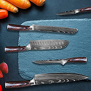 Knives Set for Kitchen, Gustrug 5PCS High Carbon Stainless Steel Kitchen Knife Set with Ergonomic Wooden Handle for Professional Multipurpose Cooking
