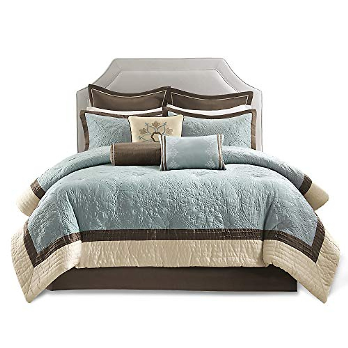 Madison Park Cozy Comforter Set Casual Modern Design All Season, Matching Bed Skirt, Decorative Pillows, King (104 x 92 in), Blue, 9 Piece