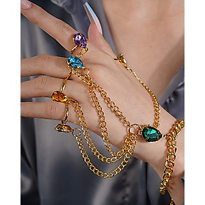 YERTTER Boho Gold Finger Ring Link Bracelet Colorful Crystal Bracelet Green Crystal Gold Hand Chain Women Girls Accessories Gift Party