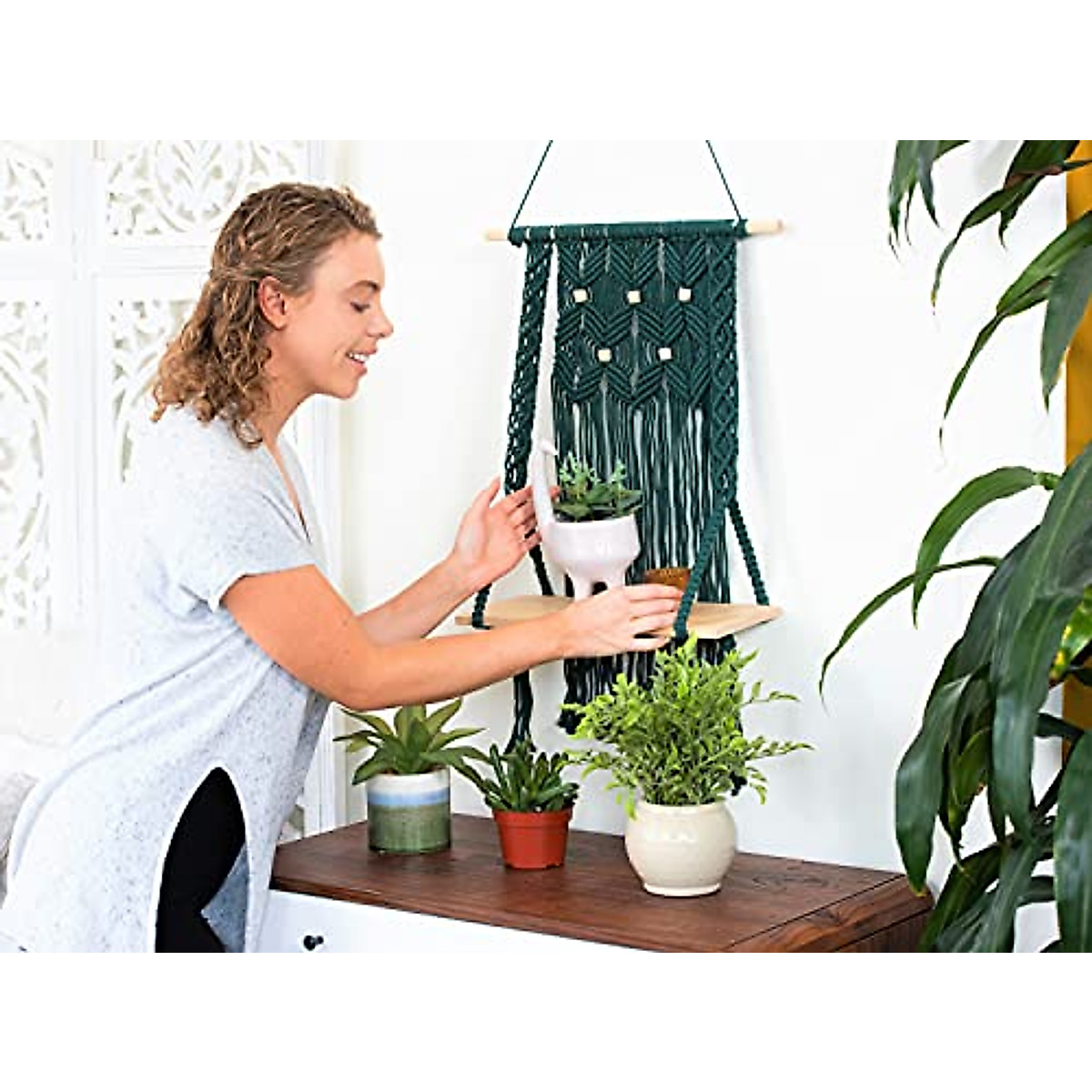 Macrame Wall Hanging Shelf-ideal décor-plants storage bookshelf-Bohemian Decorative Shelves-Boho Floating Indoor Shelving–For bedroom kitchen bathroom room with window Plant hanger-shelfs. Green