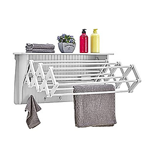 Danya B Accordion Clothes Drying Rack, Retractable, Wall Mounted Towel Rack and Hooks for Clothes and Towels for use in Laundry Room or Garage (White)