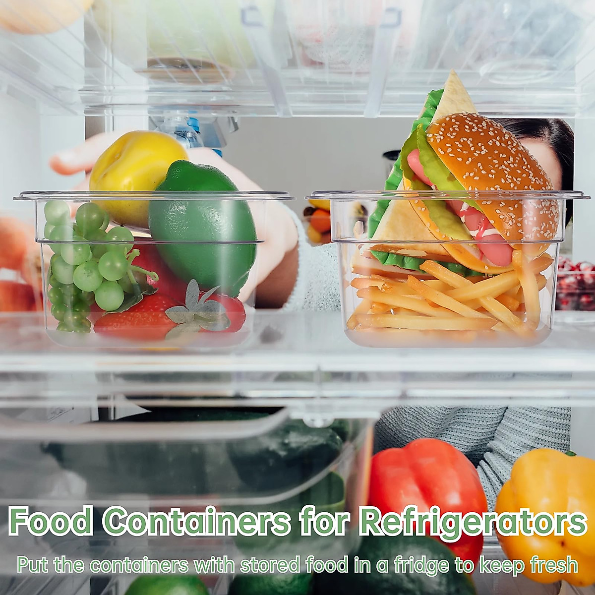 Lnrueg 12 PCS Plastic Clear Food Pans with Non-slip Bottom, 1/6 Size 4 Inch Deep Stackable Acrylic Deep Food Storage Pan for Fruits, Vegetables, Desserts,6.9''x6.3''x4''