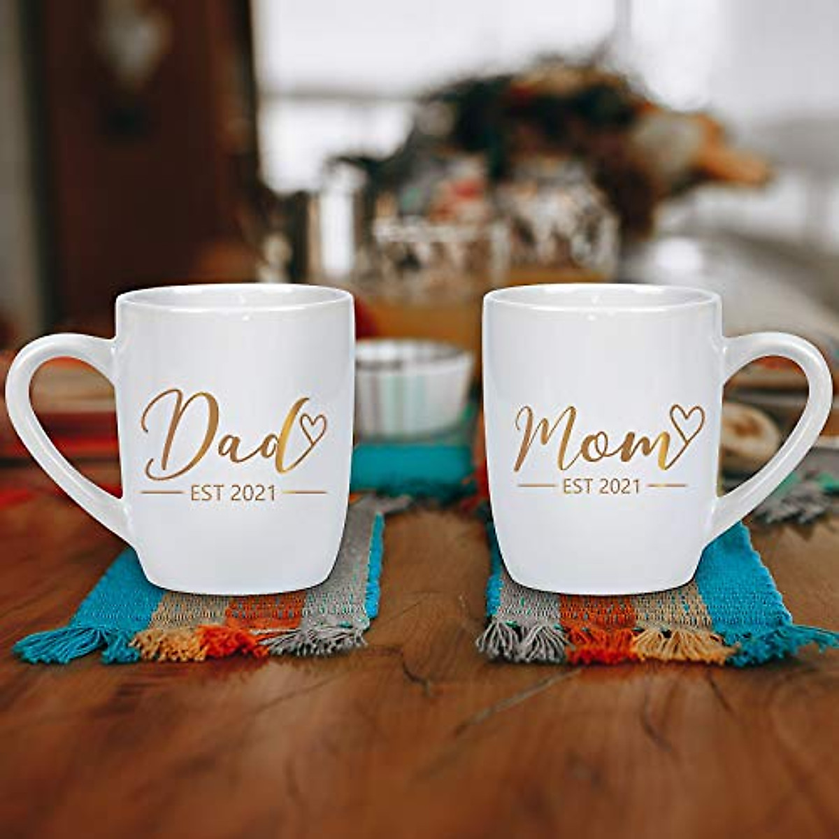 Mom and Dad Mug Set Est 2021, New Mom and Dad Gifts, New Parents Gifts, Mom and Dad Gift Set for New and Expecting Parents to Be, New Pregnancy Announcement Gifts, Gold Printed 12Oz White