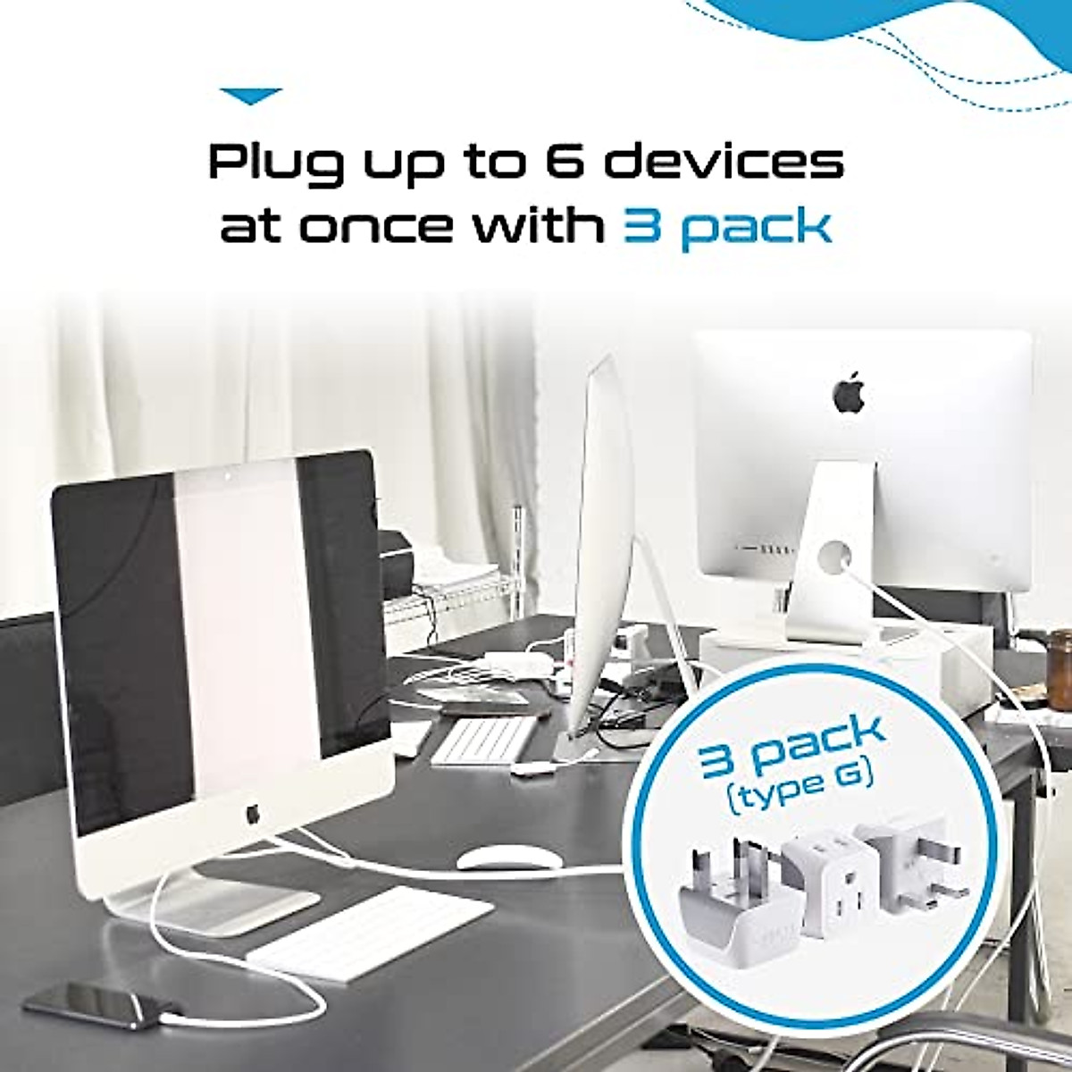 Ceptics UK Travel Plug Adapter, 2 in 1 Type G Adapter, US to UK Adapter, Ireland, Dubai Travel Adapter with Dual USA Inputs, CE, RoHS - HK Outlet Adapter, 3 Pack