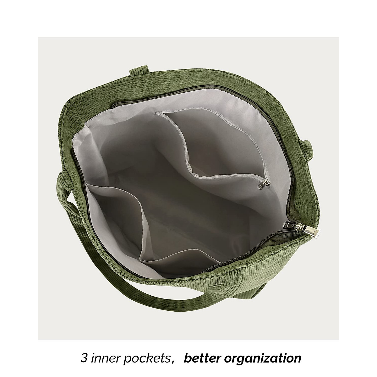 Prite Corduroy Tote Bag for Women Large Shoulder Bag with Zipper and Pockets for College Work Travel Shopping(Green)