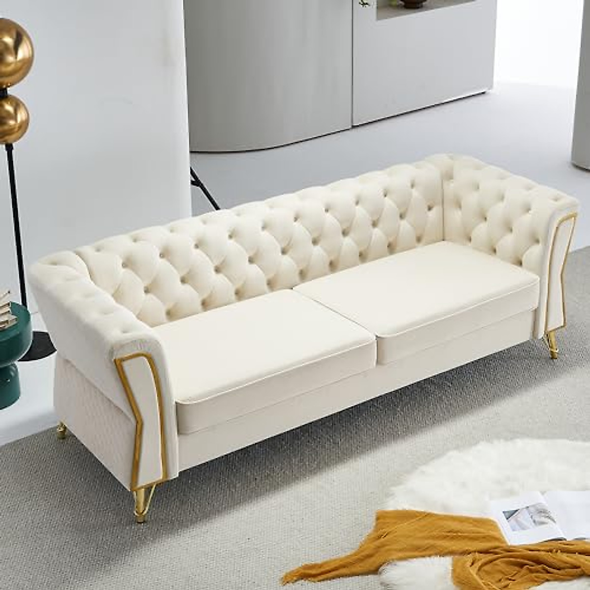 Tmsan 87.4" Velvet Sofa Couch, Mid-Century Modern Chesterfield Loveseat Classic Button Tufted 2 Seater Couch with Golden Legs for Living Room Office Bedroom (Beige)