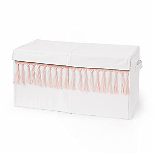 Sweet Jojo Designs Boho Bohemian Girl Small Fabric Toy Bin Storage Box Chest For Baby Nursery Kids Room - Blush Pink White Farmhouse Shabby Chic Designer Modern Minimalist Tassel Fringe Macrame Cotton