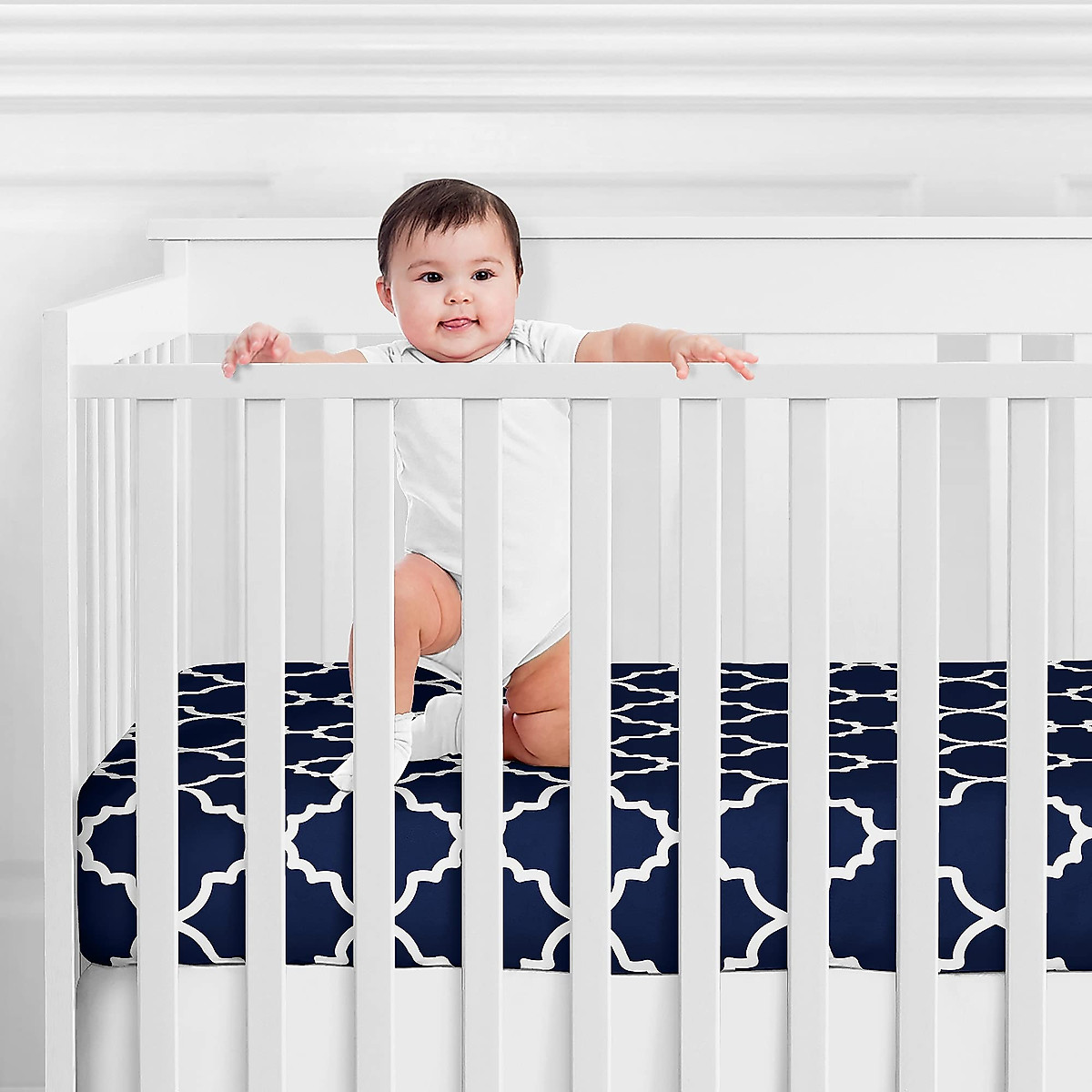 Navy Blue and White Modern Baby or Toddler Fitted Crib Sheet for Trellis Lattice Collection by Sweet JoJo Designs