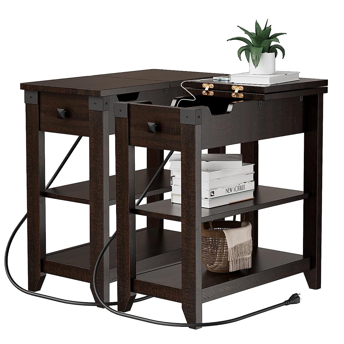 Set of 2 Narrow End Tables, Flip Top Side Tables with Charging Station, Farmhouse Nightstands with Storage for Small Spaces, Sofa Bedside Tables for Living Room and Bedroom, Espresso