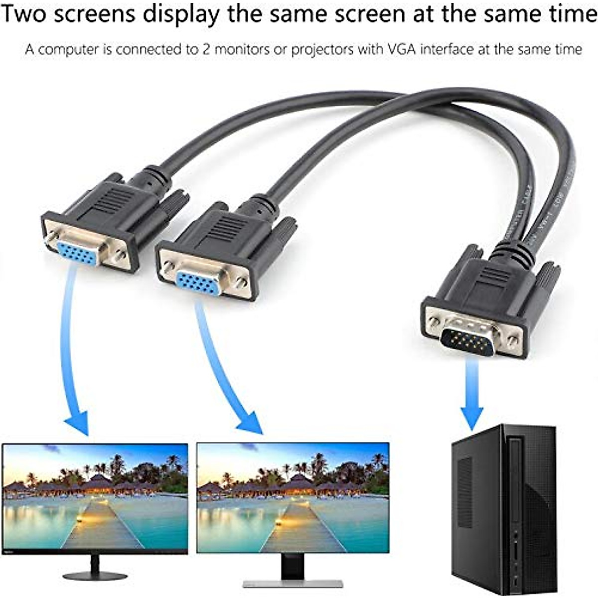 SAISN VGA Y Splitter Cable, VGA 1 Male to VGA 2 Female Adapter Cable Dual VGA Monitor Y Cable for Screen Duplication - 1 Feet, Black (No Screen Extension)