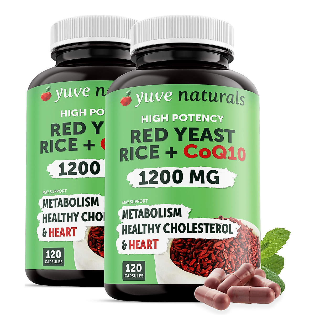 Red Yeast Rice 1200 mg Capsules with CoQ10 - Maintain Healthy Cholesterol Levels, Herbal Heart Health Vegan Red Yeast Rice Supplement - Red Rice Yeast with CoQ10 for Women & Men - 120 Ct (2-Pack)