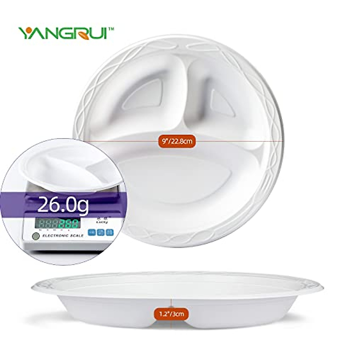 YANGRUI White Plastic Plates, 9 Inch 3 Compartments 150 Pack Food Grade Meterial BPA Free Reusable Dinner Plates
