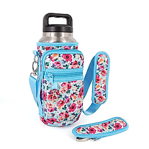 AJLTPA Water Bottle Holder with Adjustable Padded Shoulder Strap and 2 Pockets, Water Bottle Sleeve Carrier Compatible with YETI Rambler 36 oz Bottle & 40oz Hydro Flask and More (Blue Floral)
