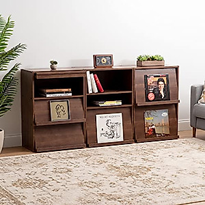 IRIS USA, Inc. 2-Tier Wooden Shelf with Pocket Doors, Stylish Stackable Shelving Unit with 2 Retractable Flap Doors for Additional Photo Record Picture Storage, Dark Brown