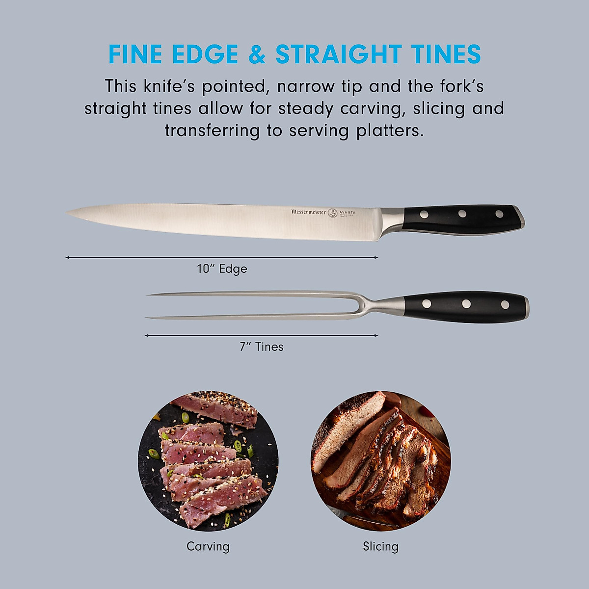 Messermeister Avanta Kullenschliff Carving Set - Includes 8” Carving & Slicing Knife + 7” Fork - German X50 Stainless Steel - Rust Resistant & Easy to Maintain