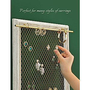 Heesch Hanging Earring Organizer Frame Wall Mounted Jewelry Holder Vintage Rustic Stud Earring Display with Removable Rod and 12 Hooks for Necklaces, Bracelets and Rings (Distressed White)