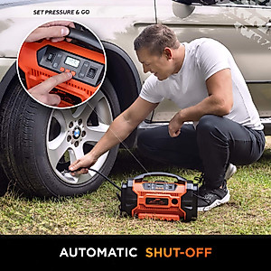 RoofPax Tire Inflator Portable Air Compressor for Car Tires 3 Power Sources AC/DC & Battery Heavy Duty Inflator/Deflator Digital Car Air Pump with Pressure Gauge 12V 110 AC 160 PSI For Car RV & Truck