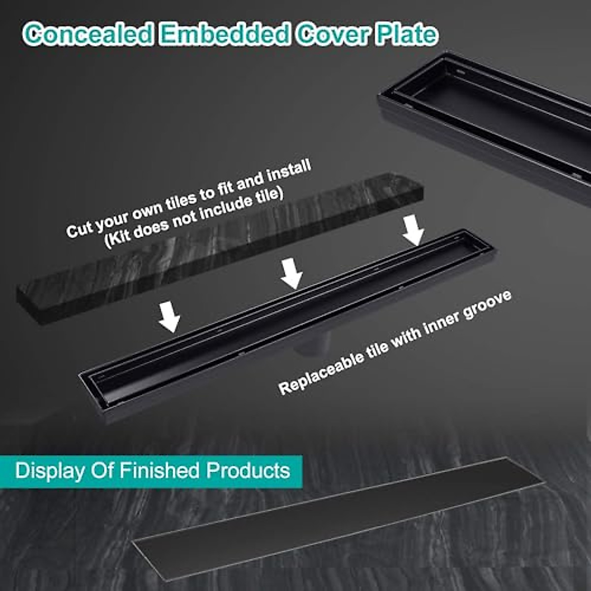 BARONAGE 24-Inch Linear Shower Drain, with 2-in-1 Flat & Tile, Insert Cover Black Brushed 304 Stainless Steel Rectangle Shower Floor Drain Adjustable