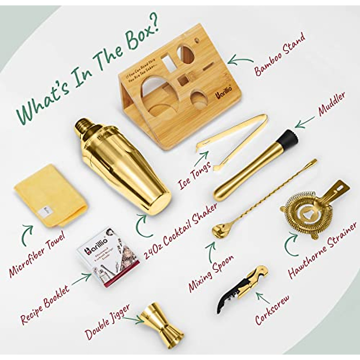 Gold Mixology Bartender Kit Cocktail Shaker Set by Barillio: Drink Mixer Set with Bar Tools, Bamboo Stand Cocktail Mixer Liquor Pourers Mojito Muddler Mixing Spoon Jigger Recipes Booklet