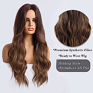 HAIRCUBE Long Ombre Brown Wigs for Women Synthetic Curly Wavy Hair Wig for Daily