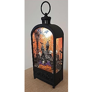 Gerson Lighted Halloween Water Lantern Snow Globe with Continuous Swirling Glitter - Haunted House Scene Ghosts Pumpkins