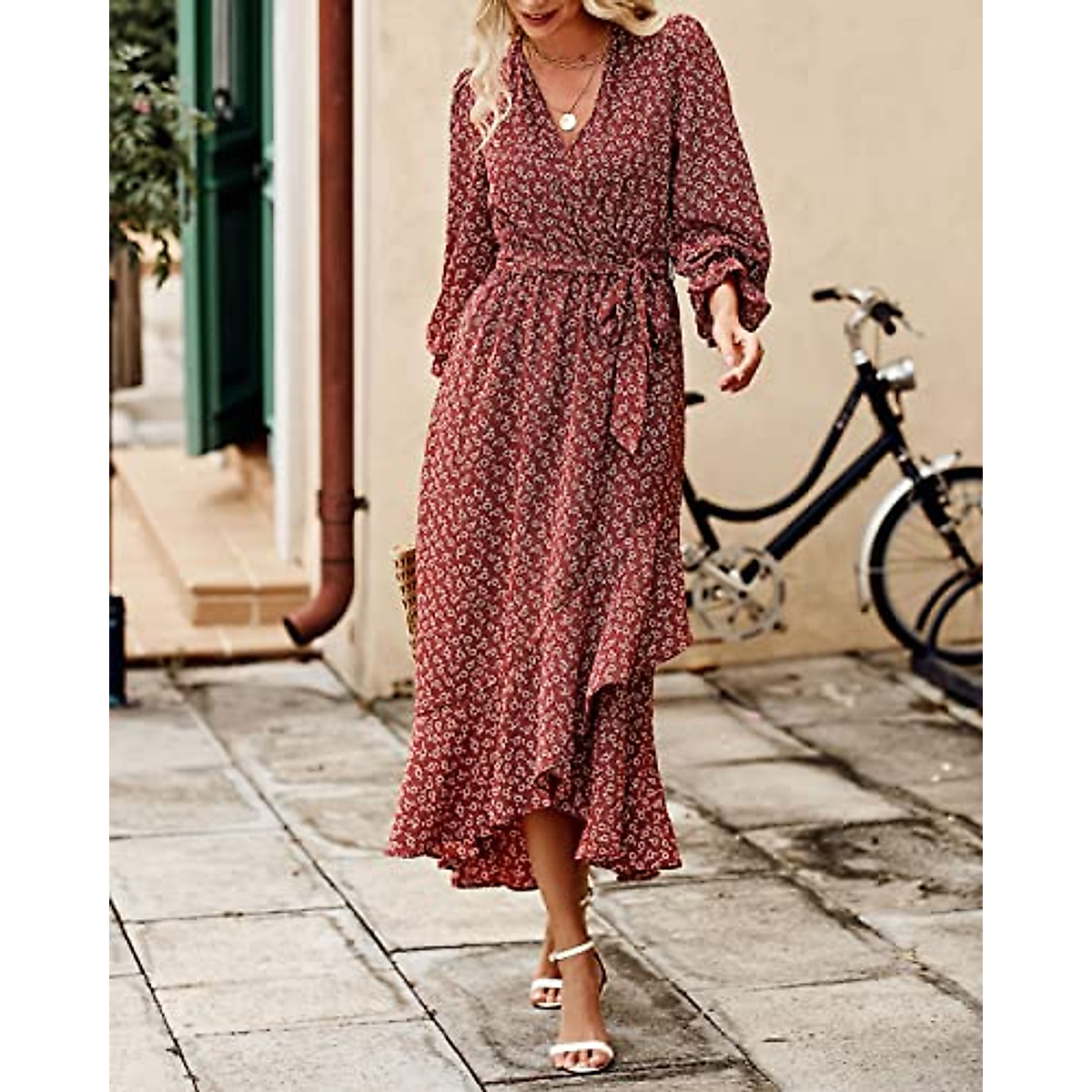 BTFBM Women Long Sleeve Wrap Maxi Dress V Neck Boho Floral High Waist Flowy Ruffle 2023 Summer Fall Dresses with Belt(Floral Wine Red White, XX-Large)