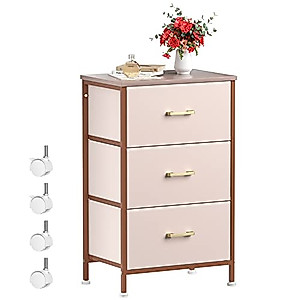 YILQQPER Dresser for Bedroom, Nightstand with 3 Drawers, Fabric Kids Dresser for Closet Organizer, Nursery, Dorm, Cute Night Stand with Sturdy Steel Frame, Leather Finish, Wood Top, Rose Gold