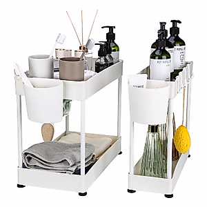 Qucover Under Sink Organizer 2 Pack White, Different Width 2 Tier Bathroom Cabinet Organizers and Storage, Waterproof Rust-proof ABS Plastic Kitchen Sink Organizer with Hanging Cups and Hooks