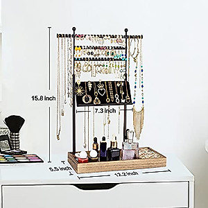 SOLIMINTR Jewelry Organizer, Jewelry Stand with Necklace Display Holder 3 Tier Earring Organizer Rustic Wood Base Tray with Ring Stand Jewelry Storage Tower for Women Girls Gift