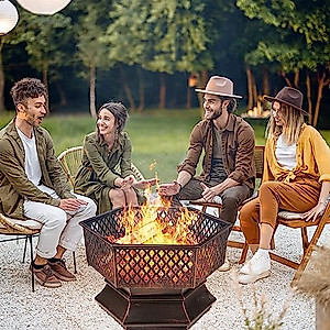 Arlopu 30/28'' Outdoor Grilled Fire Pit, Wood Burning Firepit, Patio Portable Pit, Hex Outside Camp Fireplace, W/ 20in Fire Poker, Spark Screen, 0.8mm Steel Base for Backyard,Terrace,Poolside,Gazebo