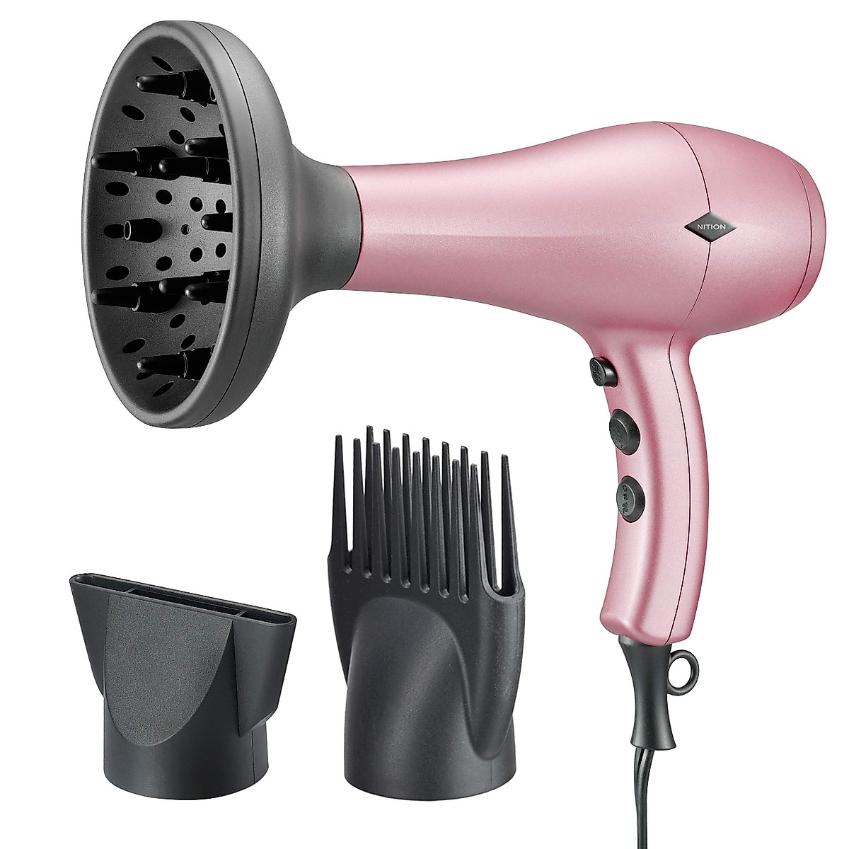 NITION Negative Ions Ceramic Hair Dryer with Diffuser (Large Size 5.3 inch) Attachment,Ionic Blow Dryer Quick Drying,1875 Watt 2 Speed / 3 Heat Settings,Cool Shot Button,Lightweight,Rose Pink