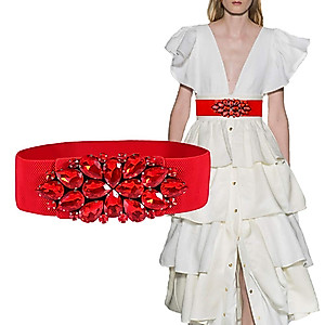 Dorchid Women Rhinestone Belt Crystal Elastic Waist Floral Cummerbund for Dress (Red, XL-XXL(35~41"))