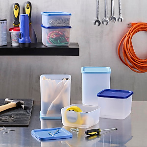 Tupperware Stacking Square Storage Set - Dishwasher Safe & BPA Free - (6 Clear Containers + 6 Blue Lids)