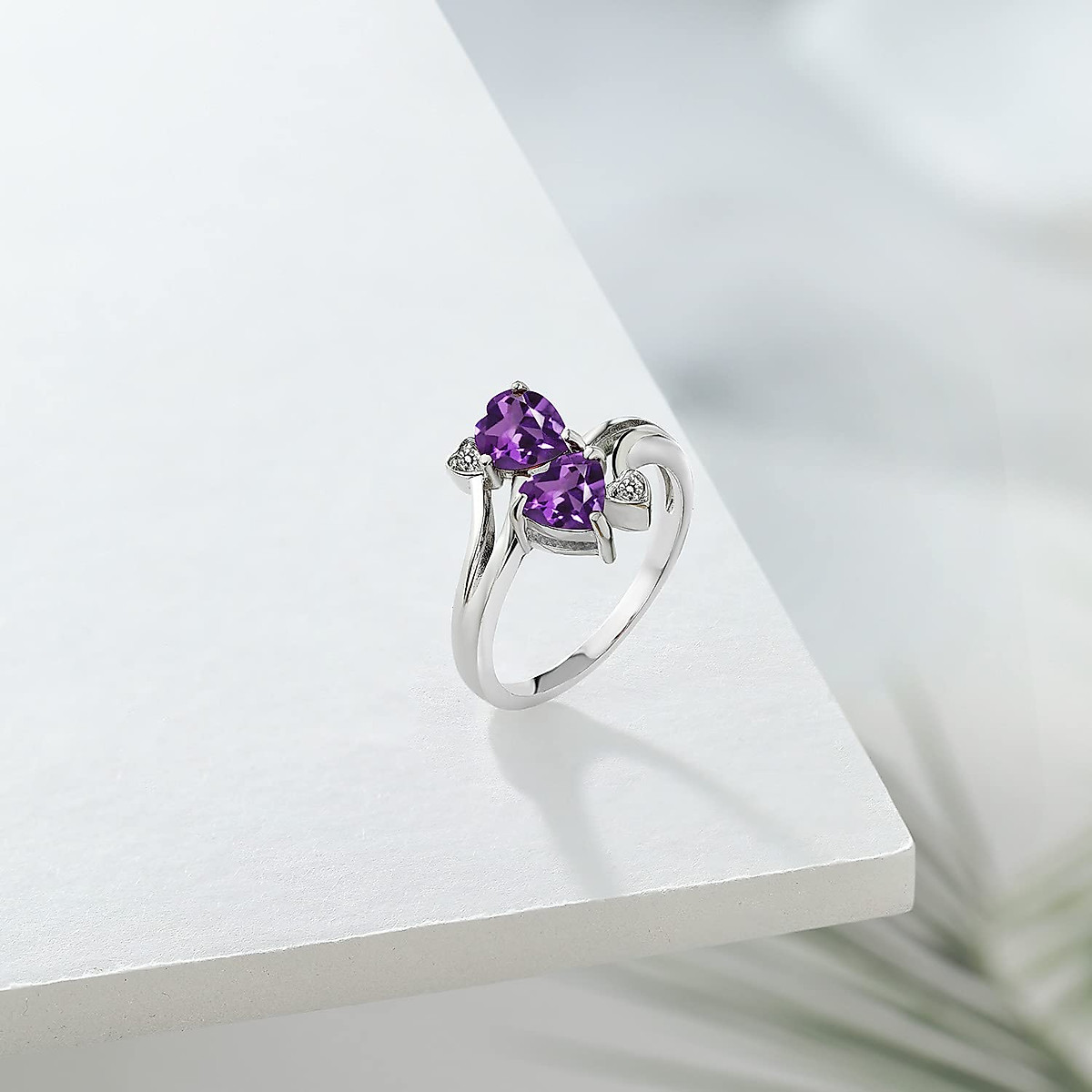 Gem Stone King 925 Sterling Silver Purple Amethyst and White Diamond Ring For Women | 1.63 Cttw | Heart Shape 6MM | Gemstone February Birthstone | Available In Size 5, 6, 7, 8, 9