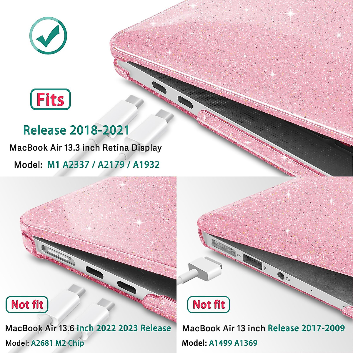 May Chen Compatible with MacBook Air 13 inch Case 2021 2020 2019 2018 Release Models: M1 A2337 A2179 A1932, Plastic Hard Shell Case for Mac Air 13 inch with Retina Fits Touch ID, Pink Glitter