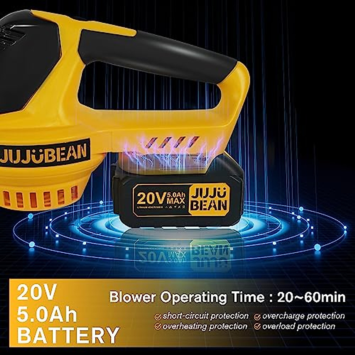 Jujubean Electric Leaf Blower Cordless, Battery Leaf Blower with Battery and Charger, 5.0Ah Battery Powered Variable-Speed Lightweight Handheld Blower for Lawn Care, Patio, Yard, Terrace