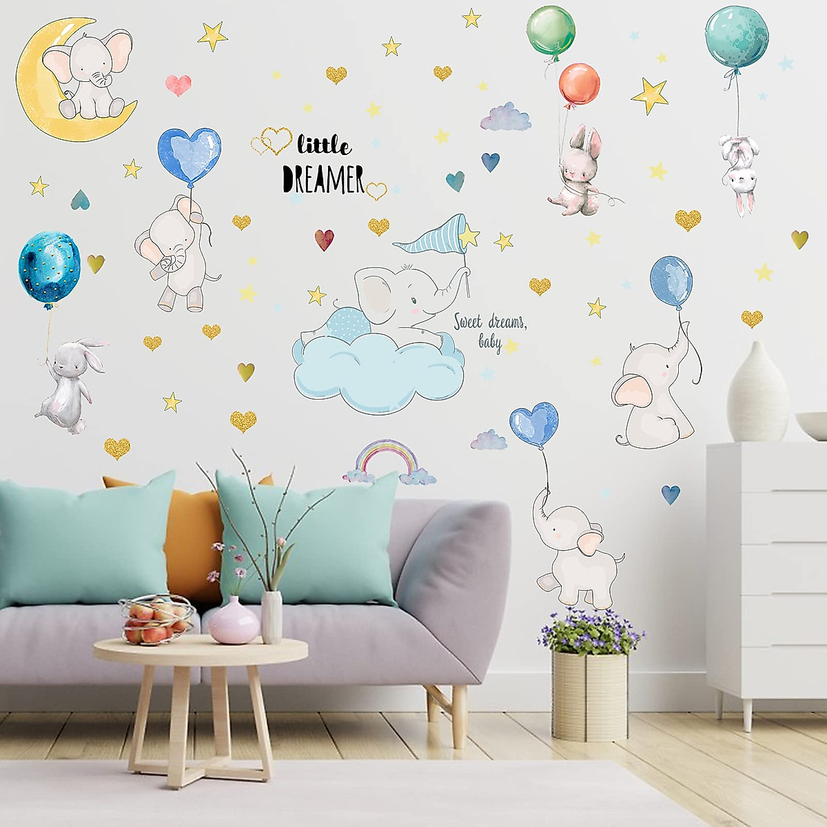 3Sets Cartoon Elephant Rabbit Wall Decals, HOLENGS Cute Balloons Flying Animals Wall Stickers, Stars Removable DIY Wall Decor for Kids Girls Baby Bedroom Classroom Nursery Home Decoration
