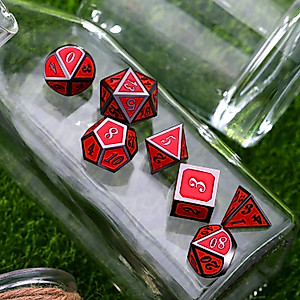 Bememo Polyhedral Metal Dices Set Zinc Alloy with Enamel Solid Metal Compatible with DND Game, Tabletop RPG, Dungeons and Dragons, Math Teaching, 7 Pieces Dice Set with Black Velvet Bag (Black Red)