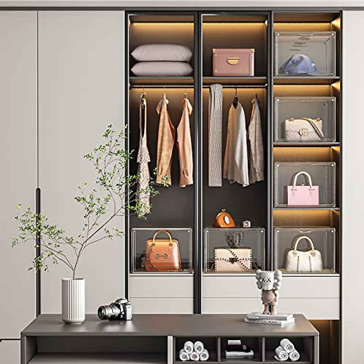 Clear Handbag Storage Organizer, 3 Packs Acrylic Display Case for Purse and Handbag Storage Organizer for Closet, Stackable Purse Display Boxes with Magnetic Door for Collectibles, Wallet, Toys…