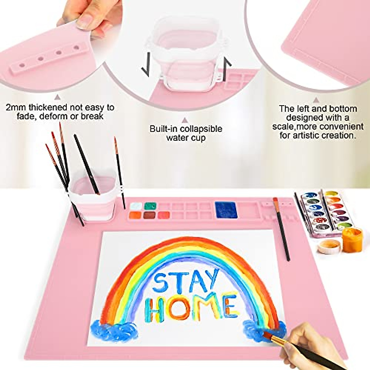 OQEEN Silicone Craft Mat, Thick Nonslip Silicone Art Mat for Kids, Oversize 20"x16" NonStick Silicone Painting Mat with Cleaning Cup, Artist Mats for Painting, Epoxy Resin, and Handmade