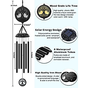 SUNGIRLS Solar Tree of Life Wind Chimes, Memorial Wind Chimes Lost Loved Ones Engraved Tree of Life, Sympathy Wind chimes Gift for Mother, Wife,Grandma Solar Wind Chimes Garden Home Yard Hanging Decor