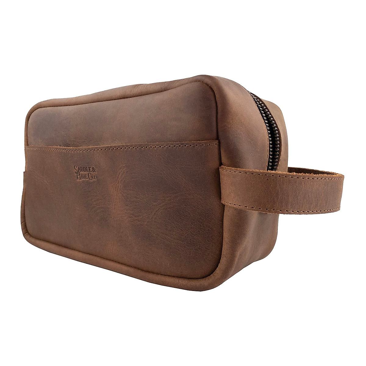 Saddle & Hide Co., Toiletry Bag with Handle Handmade from Full Grain Leather, Hygiene Organizer, Travel Dopp, Bathroom, Shaving, Storage, Travel & Grooming Essentials :: Bourbon Brown
