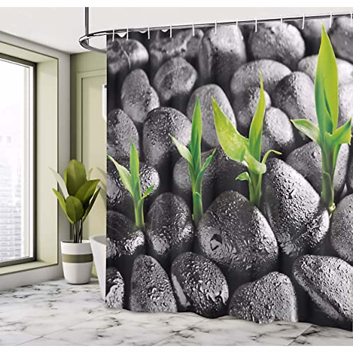 Ambesonne Plant Shower Curtain, Basalt Stones with Bamboo Leaves Sticking Water Droplets Harmony of Nature, Cloth Fabric Bathroom Decor Set with Hooks, 69" W x 70" L, Dark Taupe Lime Green