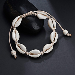 Fesciory Puka Shell Anklet for Women Summer Natural Cowrie Adjustable Ankle Bracelet, Handmade Boho Hawaiian Beach Seashell Jewelry (Shell Anklet Beige Rope)